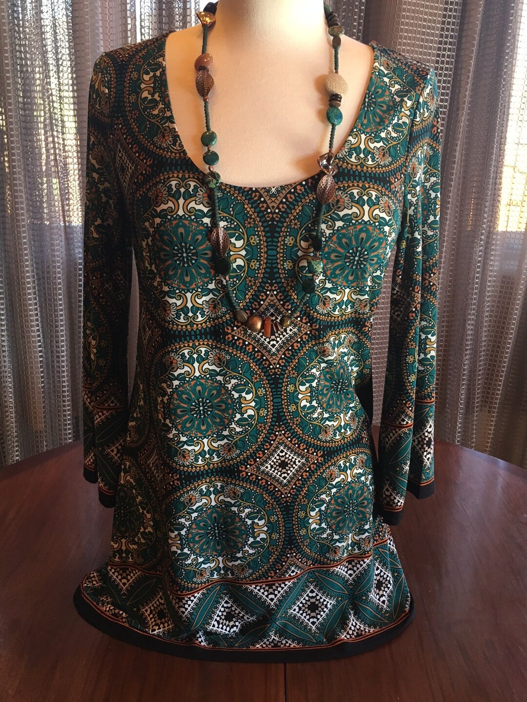 Custom Couture L Green Tile Print Tunic With Long Green Beaded Necklace ...