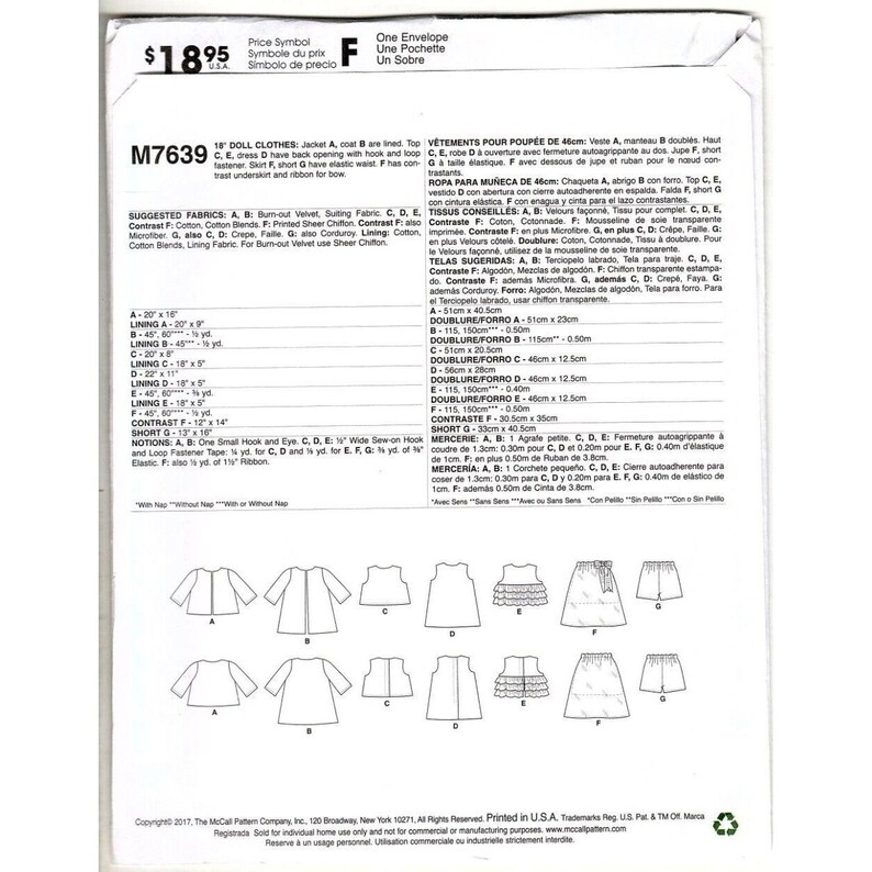 Mccall's Crafts M7820 18 Inch Doll Clothes Bags and Purses Uncut Sewing ...