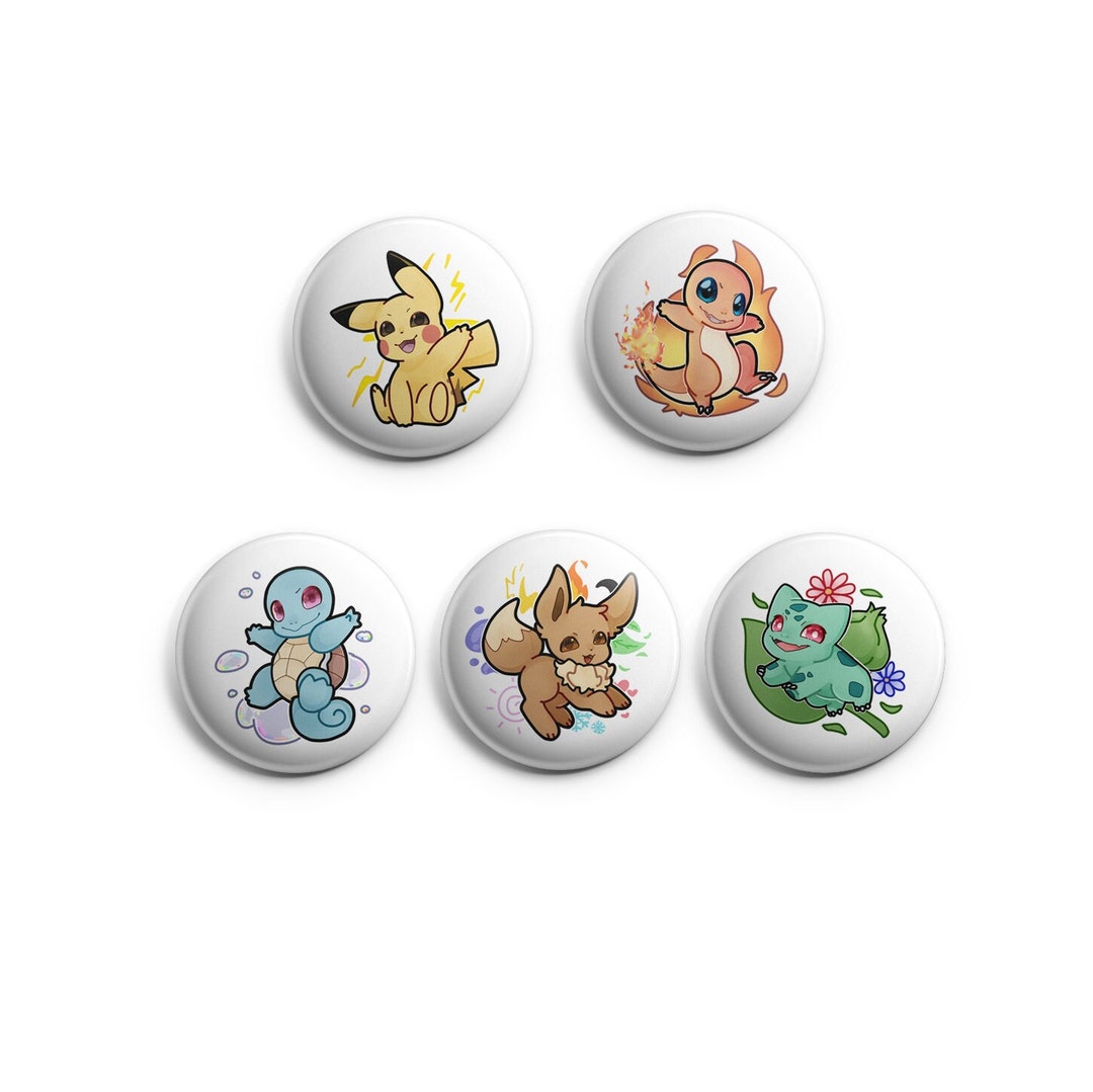 Pokemon Starter Pin Set; Pokemon Buttons, Pikachu | Bulbasaur | Eevee ...