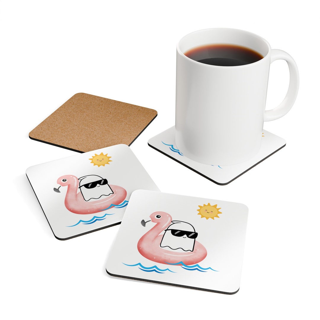 Summer Cute Ghost in a Flamingo Pool Float Cork Set, Corkwood Coaster ...