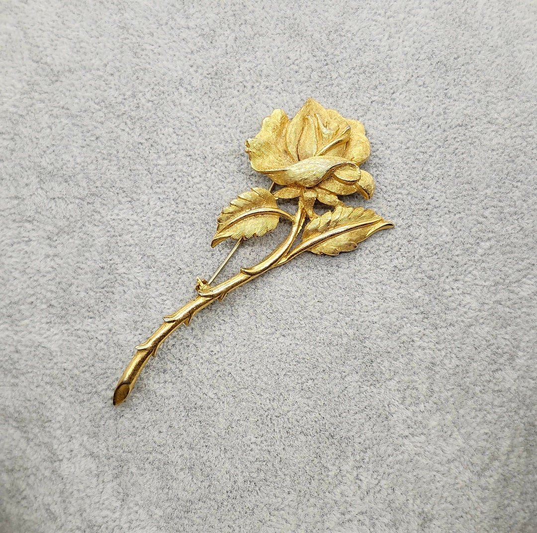 Vintage Charel Gold Tone Long Stemmed Rose Brooch Pin - Etsy