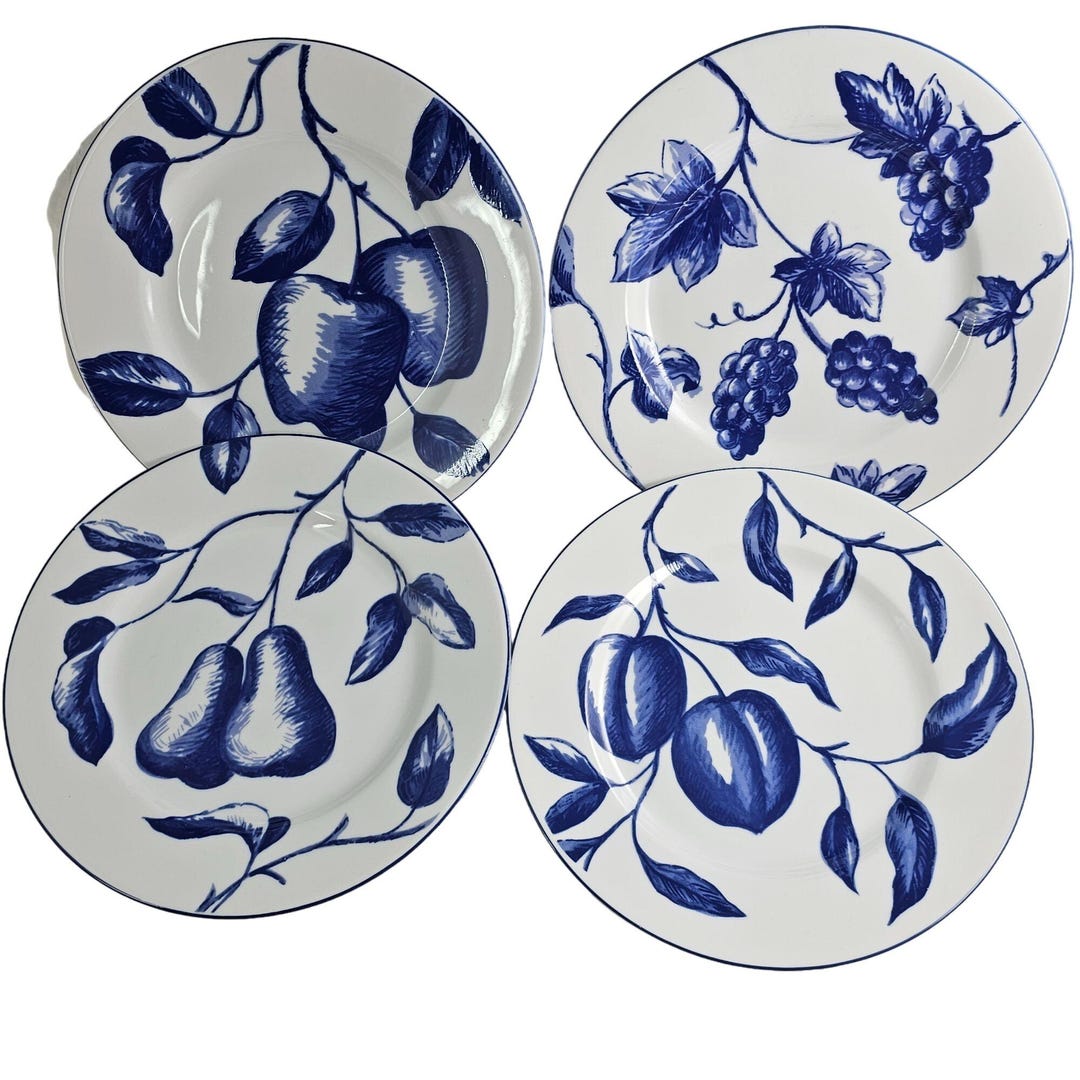 The Cellar Blue White Salad Appetizer Plates 8" Set/4 Orchard Fruit ...