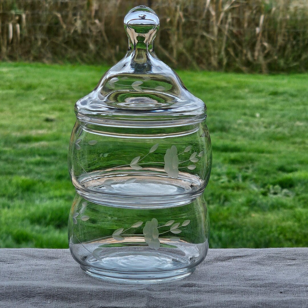 Princess House Heritage Lidded Storage Jar 7" Floral Etched Glass ...