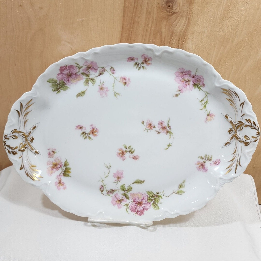 Theodore Haviland Limoges Schleiger 144 Green Scrolls Pink Rose Platter ...