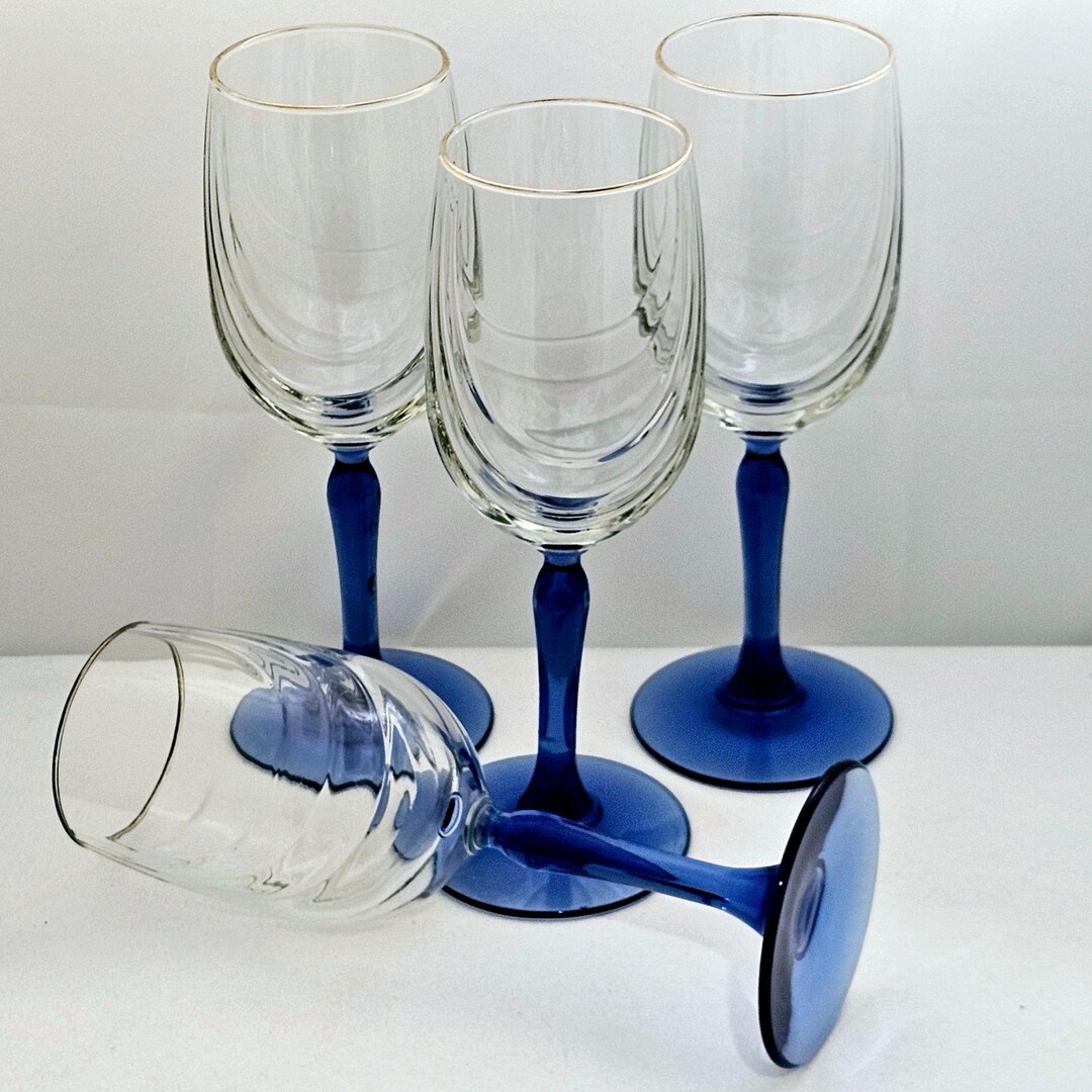 Libbey Crystal Blue Cobalt Wine Water Goblets 8.2" Swag Drape Bowl Gold ...