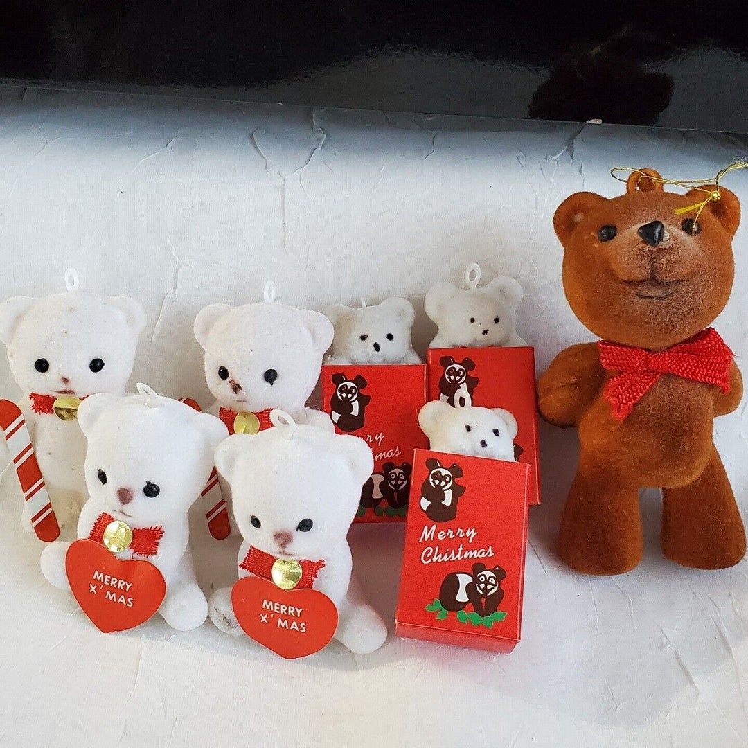 8pc Assorted 90s Christmas Flocked Teddy Bears Ornament Gift Ties ...