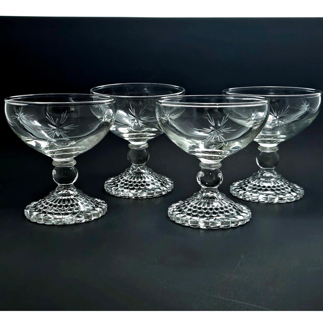 Anchor Hocking Bubble Foot Champagne Glasses 6oz Cut Glass Starburst ...