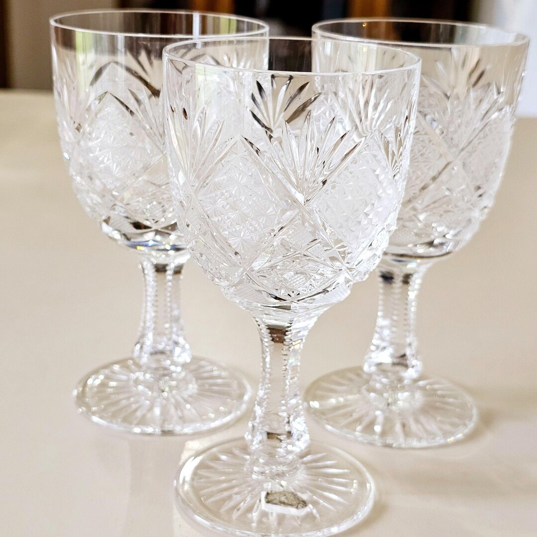 3 Kusak Cut Glass Liquor Cocktail Glasses 4.75" 4oz Vtg Signed Daisy ...