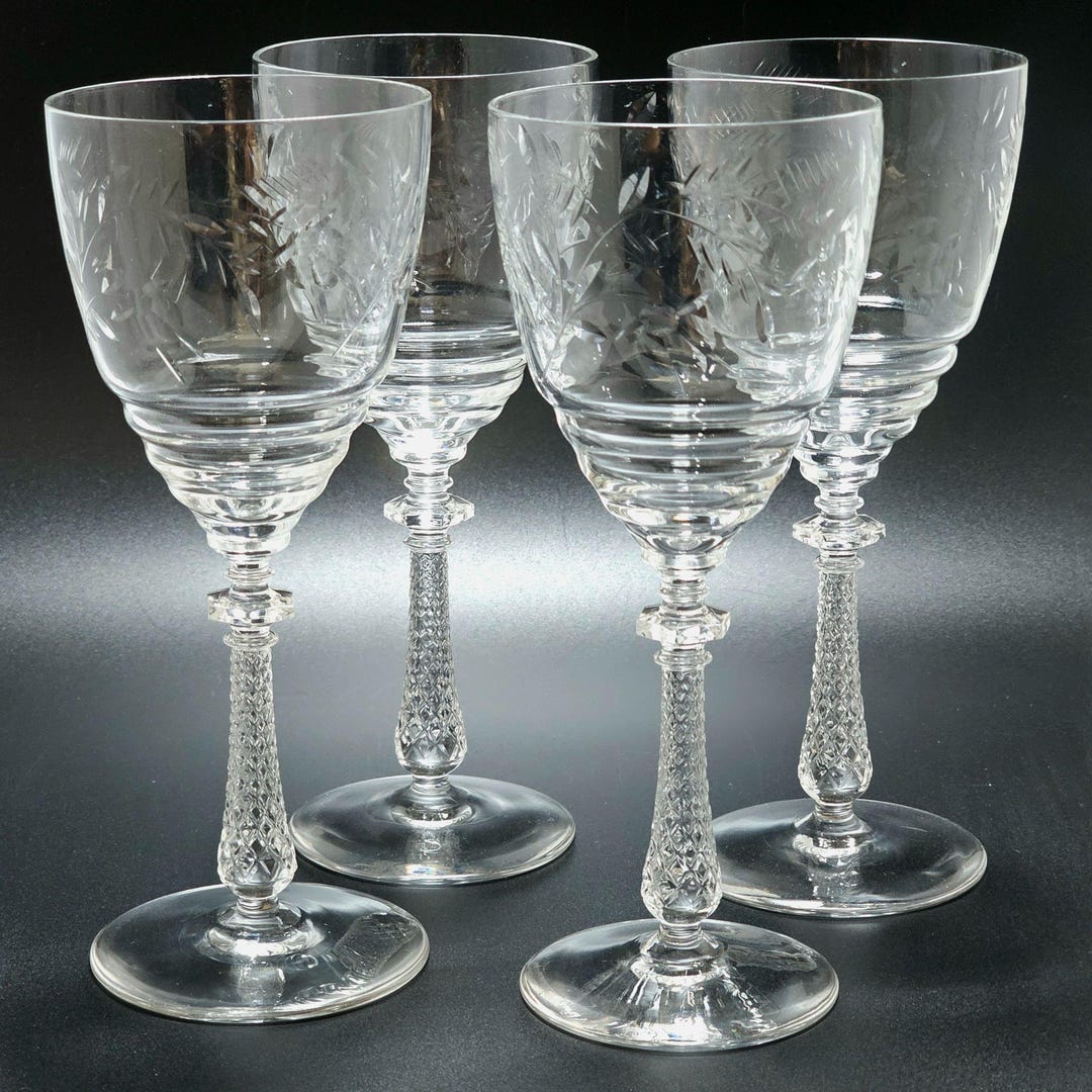 4 Rock Sharpe Dixie Wine Glasses 7.75" Goblets Vtg Depression Glass Cut ...
