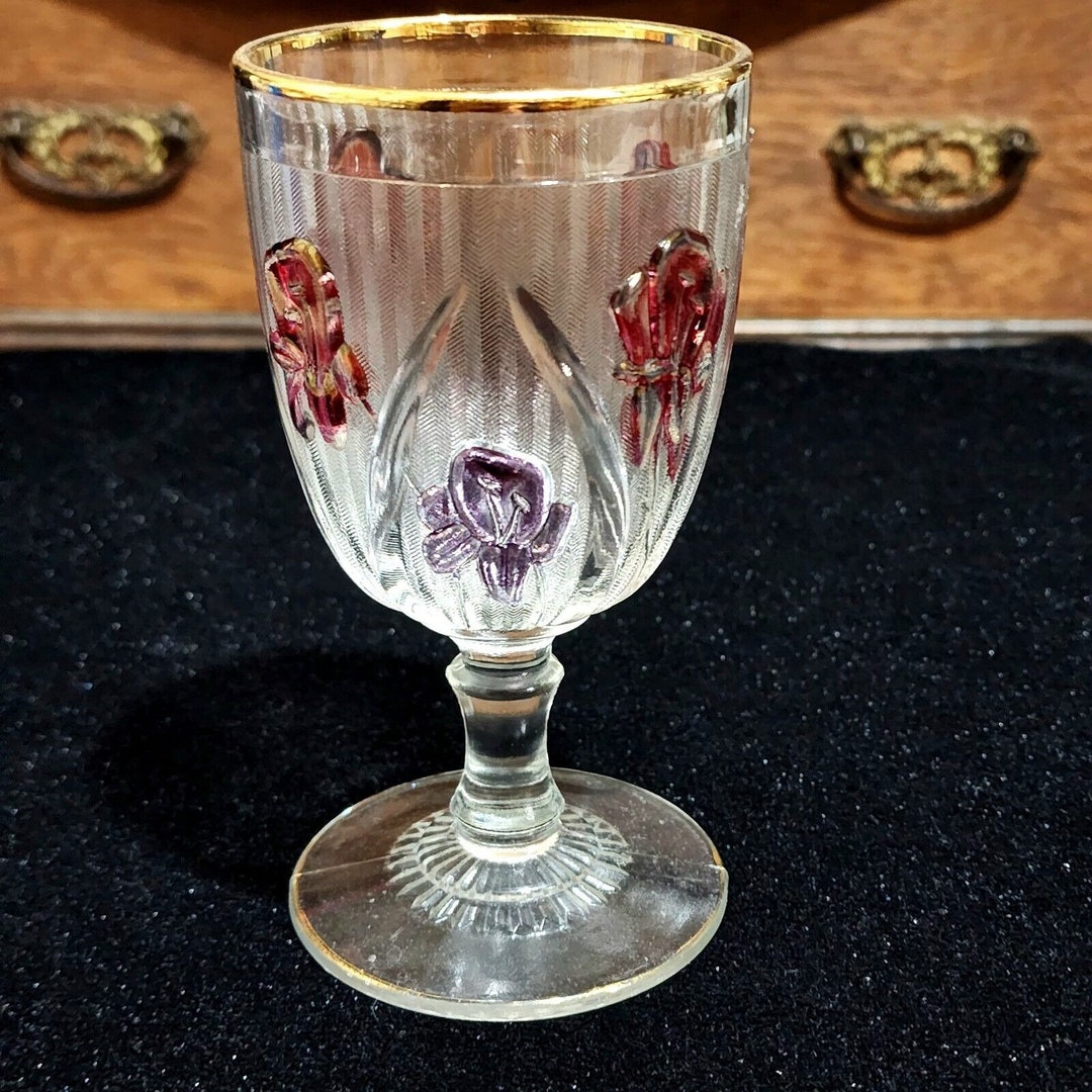 Vintage Jeanette Iris and Herringbone Ruby Flash Gold Trim Water Goblet ...