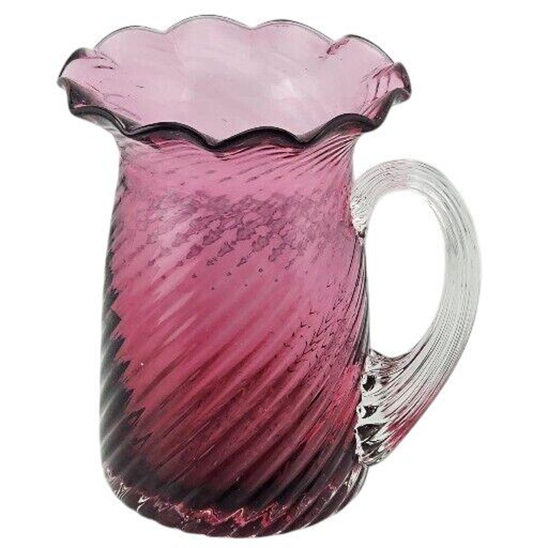 Pilgrim Glass Cranberry Swirl Pitcher Vase 3.5" Clear Handle Ruffled ...