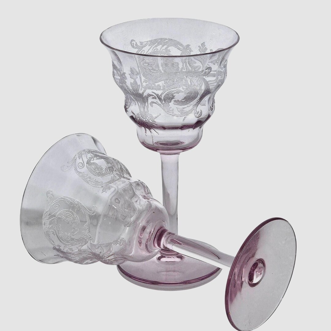 2 Balda Pink Cocktail Glasses by Central Glass 5" Etched Glass Scrolls ...