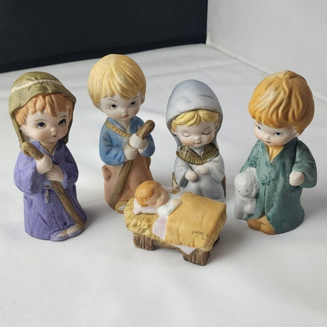 Vintage Taiwan Adorable 5 Piece Nativity Set Children Mary Jesus Joseph ...