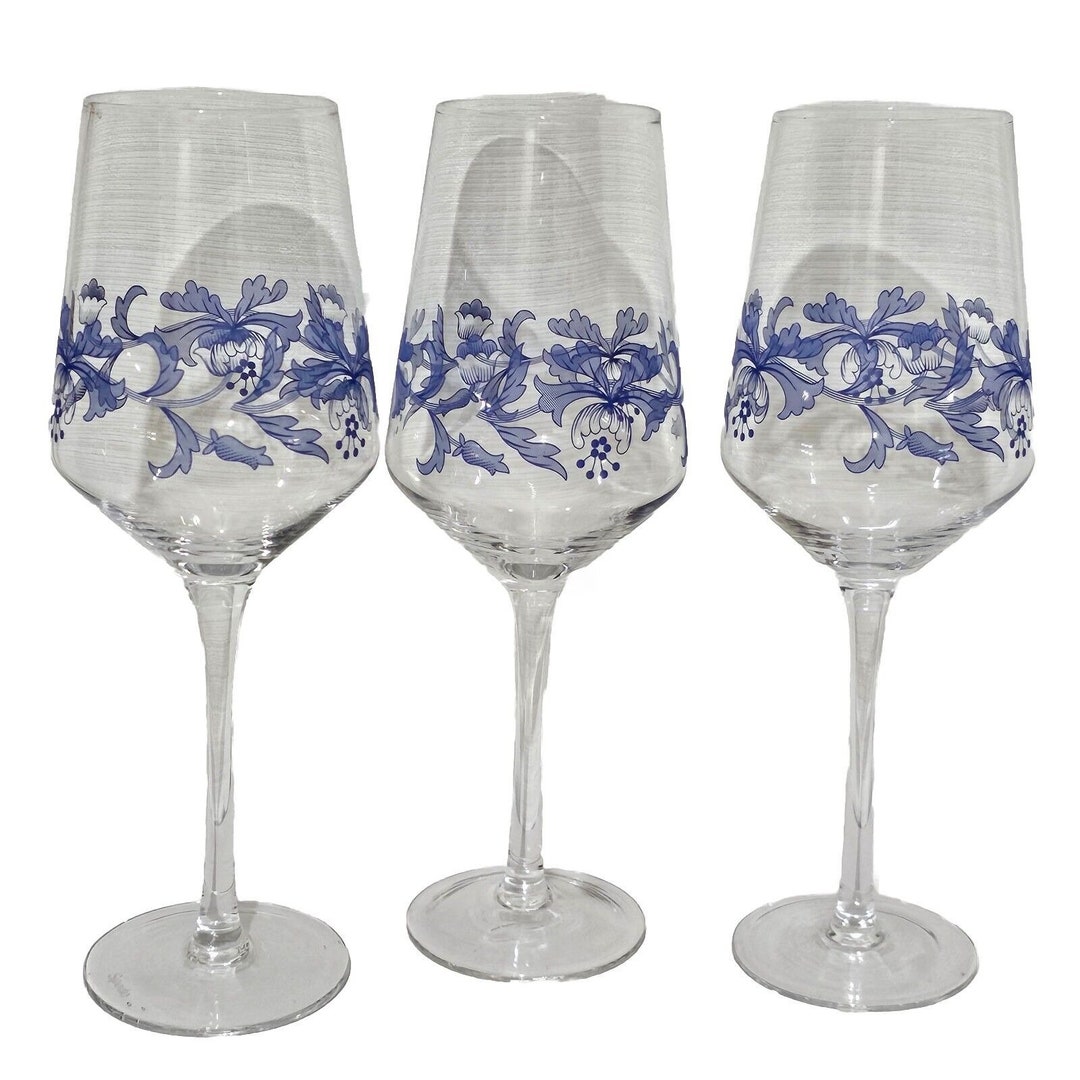 3 Spode Blue Italian Wine Glasses 9.5" Floral Toasting Goblets 16z ...