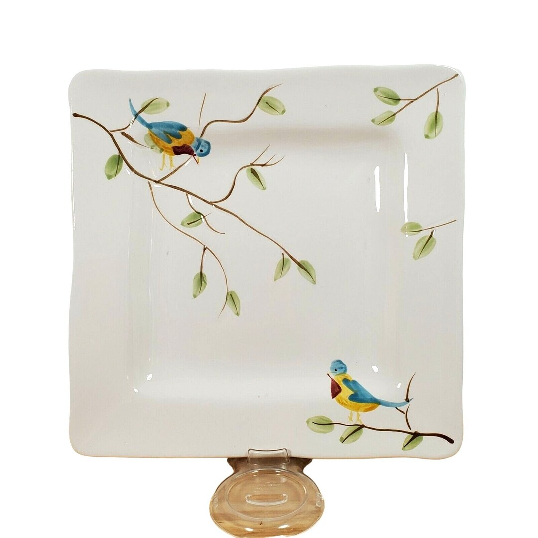 3) Pier 1 Robin Square Dinner Plates 10.75" Handpainted Birds Stoneware ...
