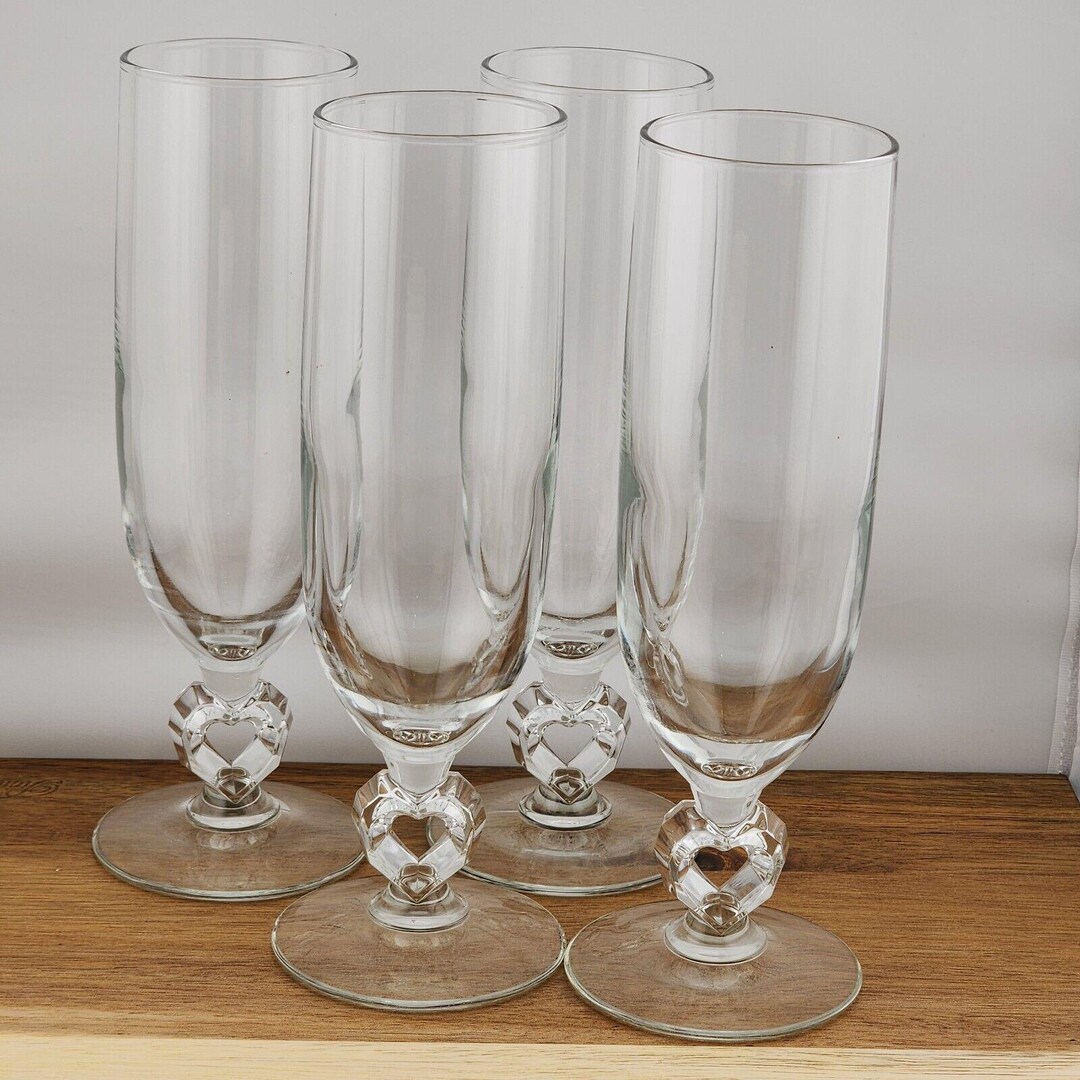 4 Libbey Romance Champagne Flutes 7.5" Cut Glass Heart Shaped Stem 2006 ...