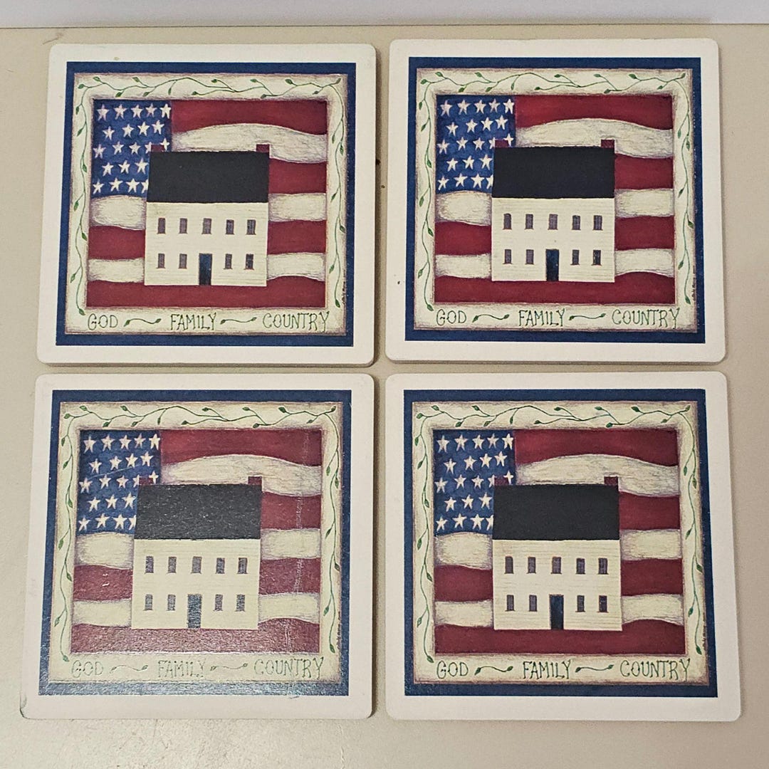 Patriotic American Flag Stone Coasters Cork Backed Ceramic 4" Square ...