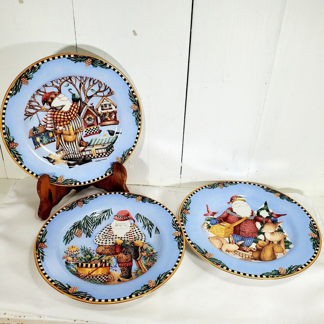 3 Sakura Debbie Mumm Woodland Santa Salad Dessert 8" Plates 1998 ...