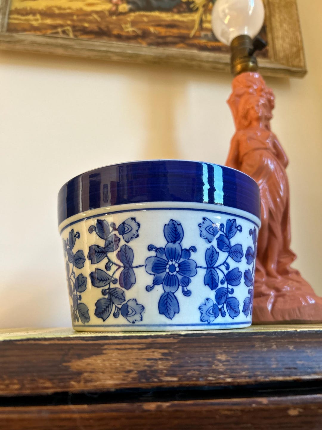 Vintage Ceramic Delft Style Planters, Asian Blue Planter With Floral ...