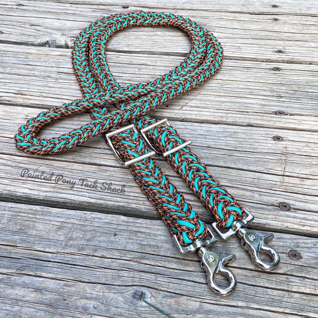 Cheetah and Teal Braided Reins, Custom Reins, Knotted Barrel Reins ...