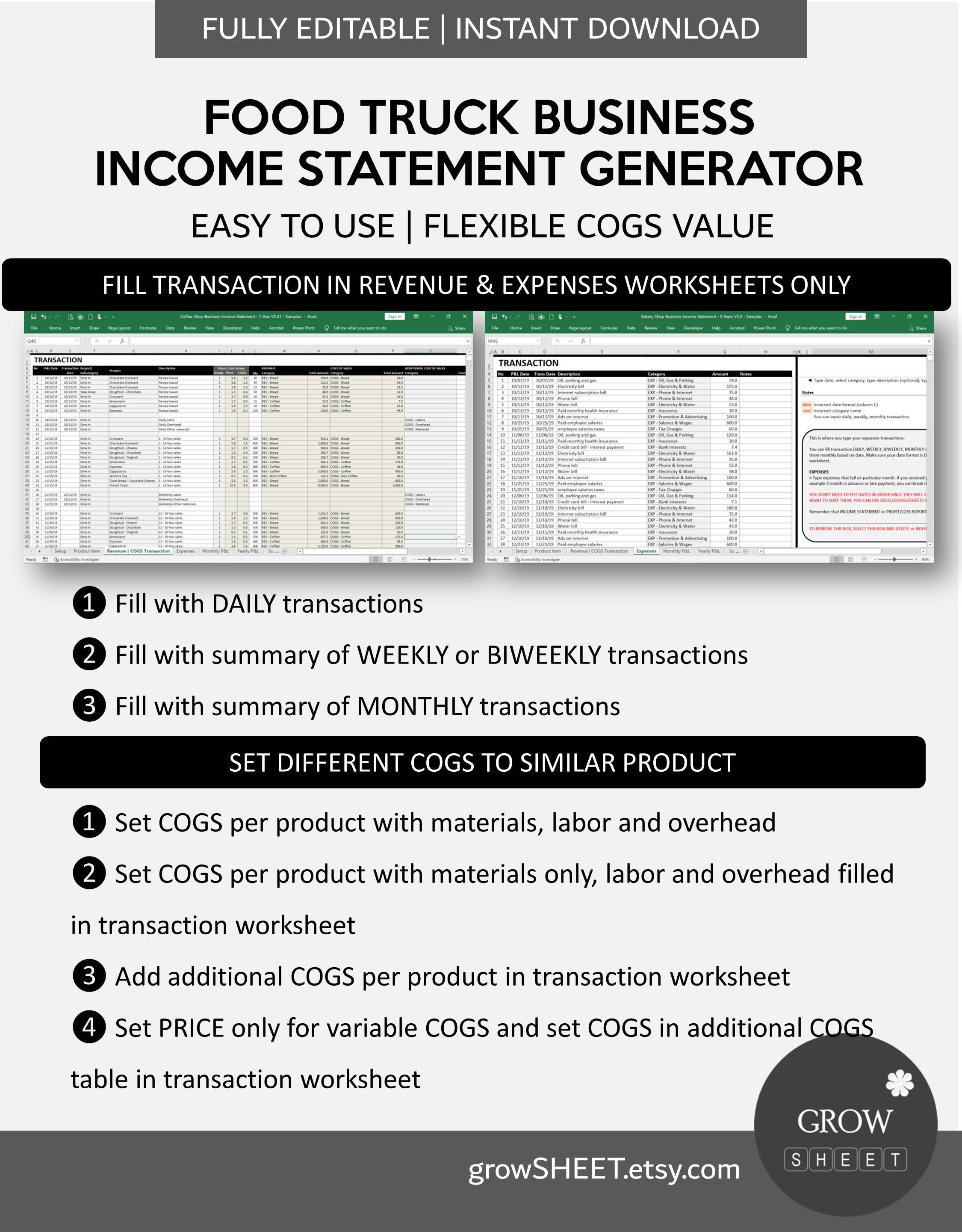 Food Truck Business Income Statement Generator Automated Profit & Loss ...