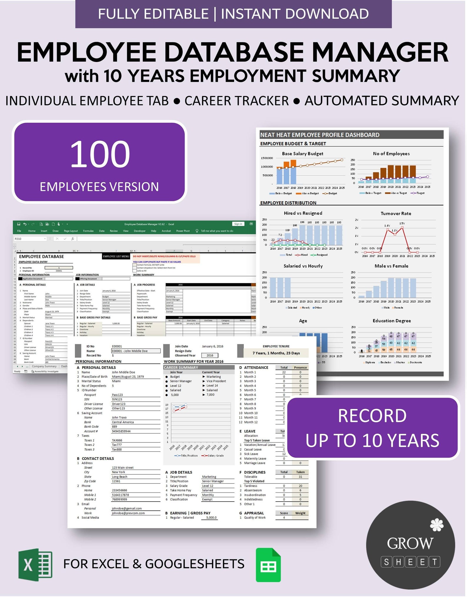 Employee Database Management System for Excel and Google Sheets | Human ...