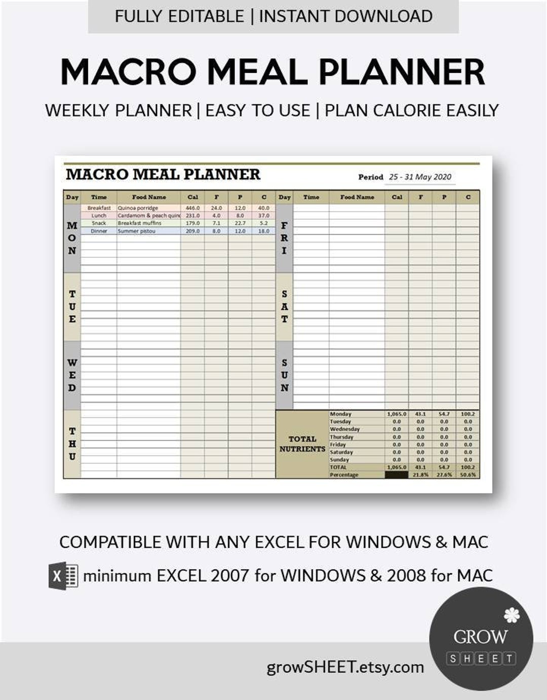 Macro Meal Planner Excel Template Fully Editable Weekly - Etsy Ireland Macro Meal Planner Excel Template Fully Editable Weekly - Etsy Ireland
