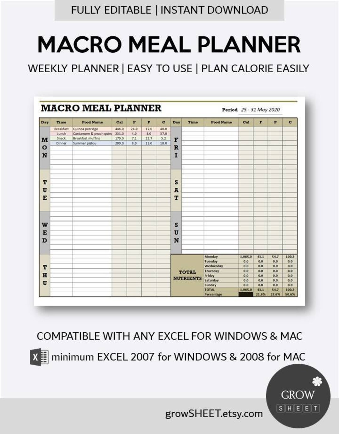Macro Meal Planner Excel Template Fully Editable Weekly Etsy Ireland