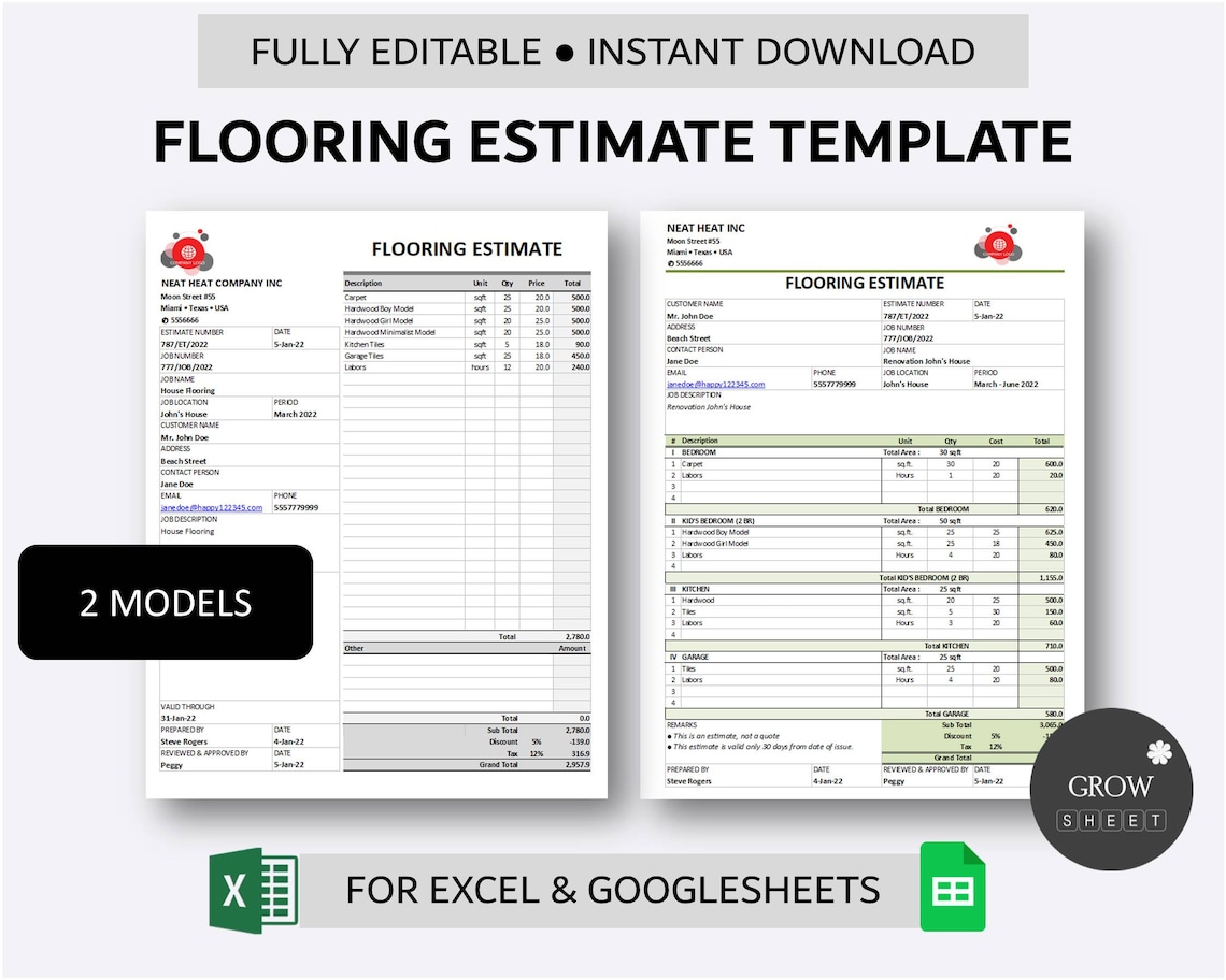 Flooring Estimate Template for Excel and Google Sheets | Printable ...