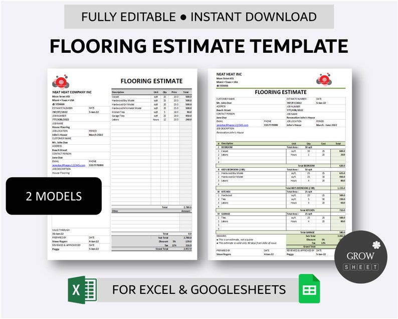 Flooring Estimate Template for Excel and Google Sheets | Printable ...
