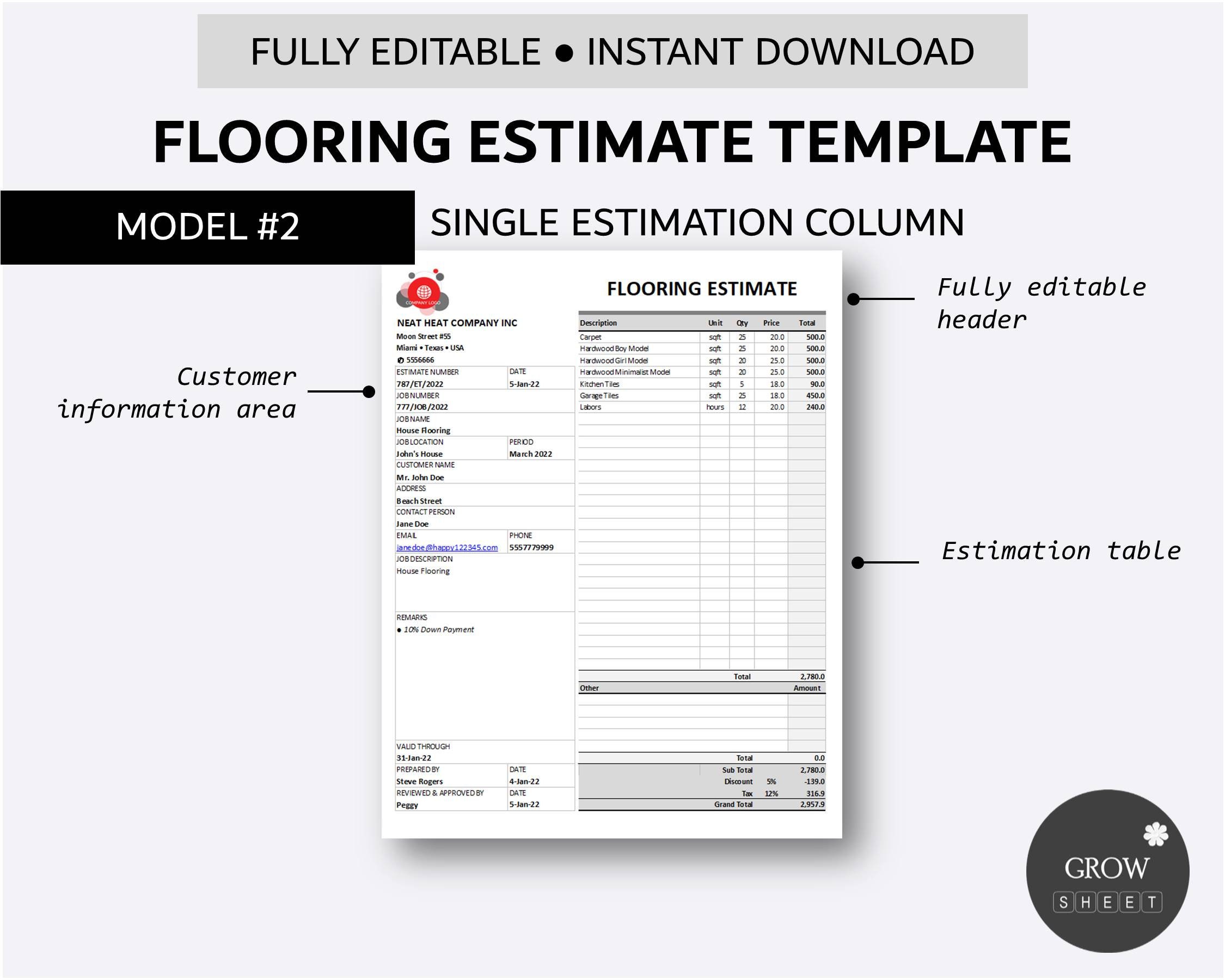 Flooring Estimate Template for Excel and Google Sheets | Printable Flooring Estimate Spreadsheet ...