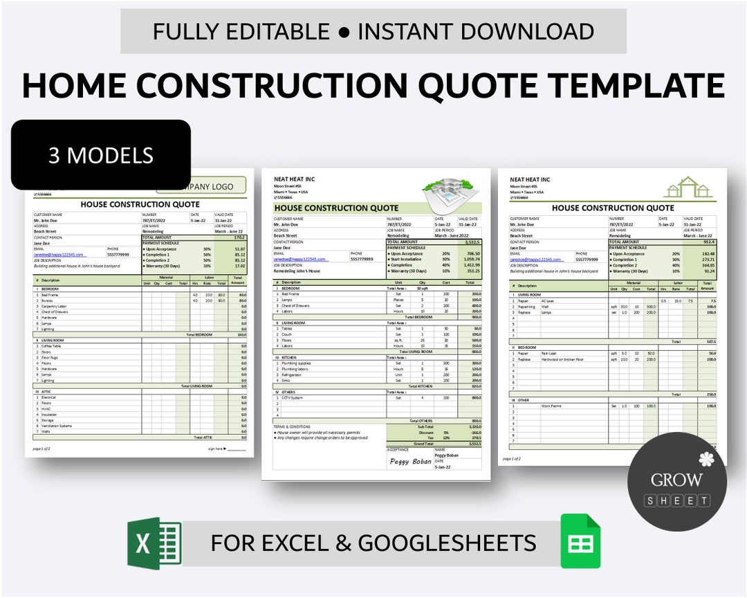 Printable House Construction Quote Template | Price Quotation Form for ...