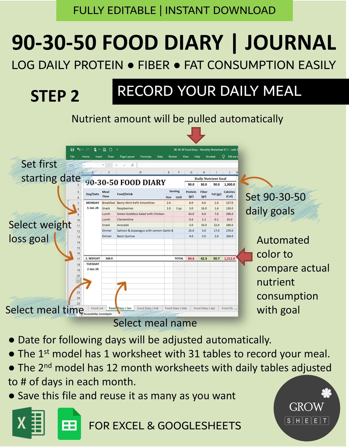 90-30-50 Food Diary | Daily Food Journal With Nutrient Calculator | 90 ...