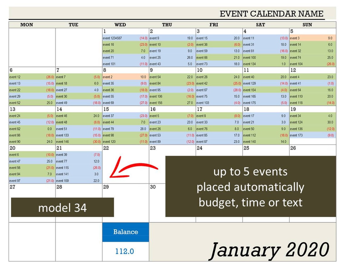 Any Year Event Calendar - Excel Template | Automated Color Markers for ...