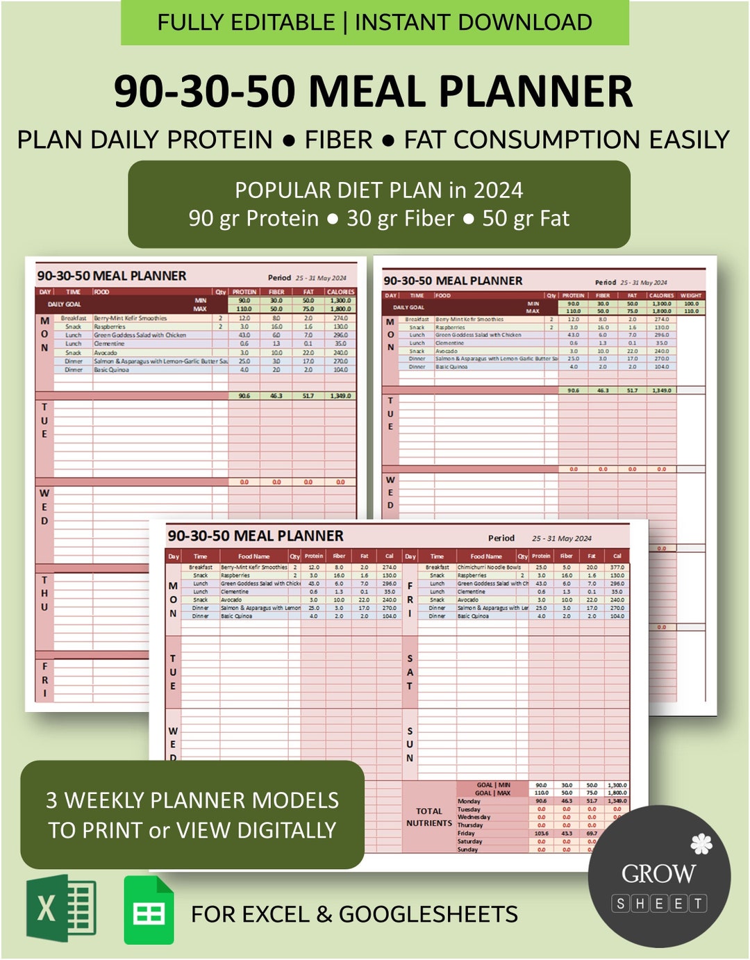 90-30-50 Meal Planner | 90 Gr Protein - 30 Gr Fiber - 50 Gr Fat Diet ...