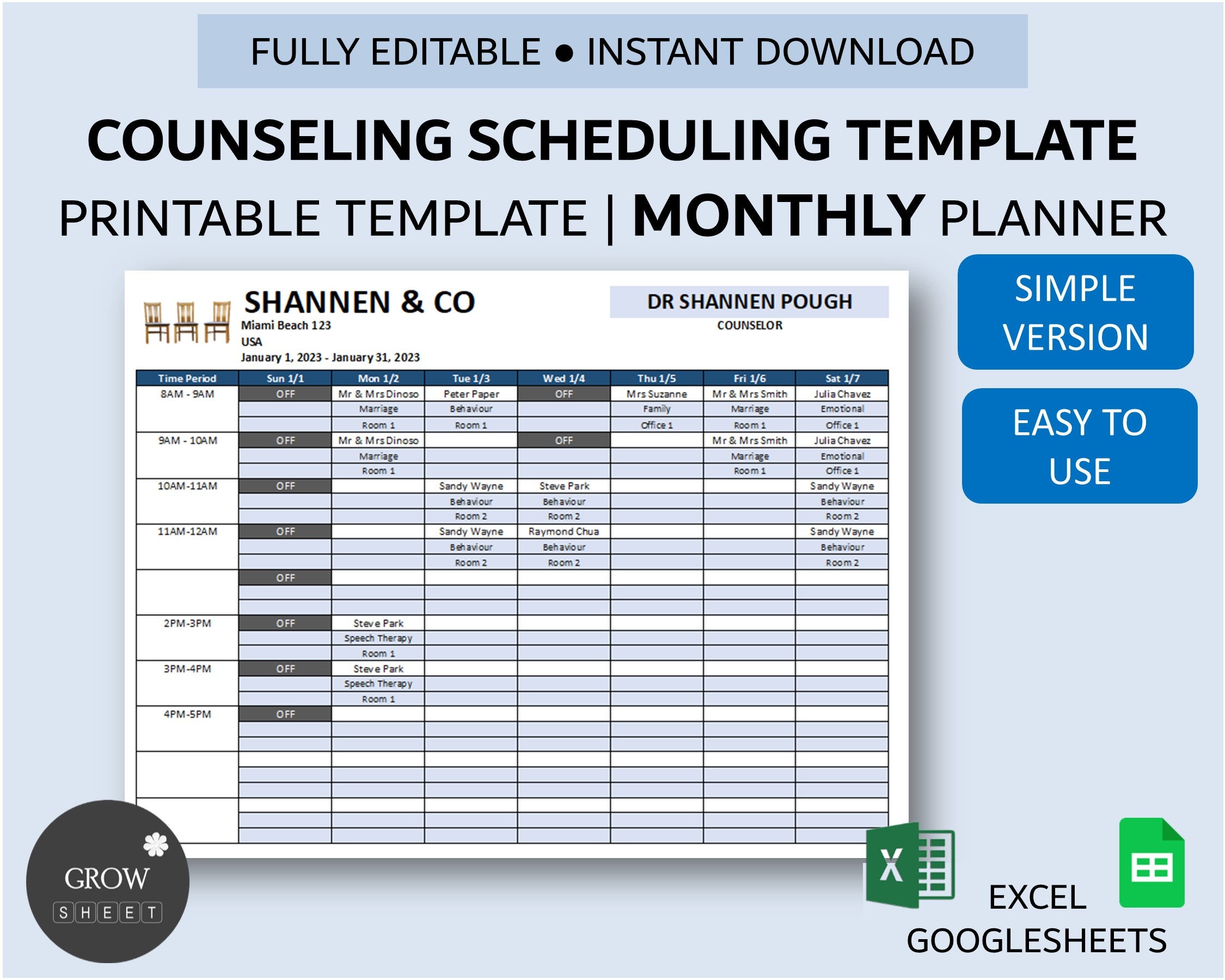 Counseling Scheduling Template for Excel and Google Sheets | Printable ...