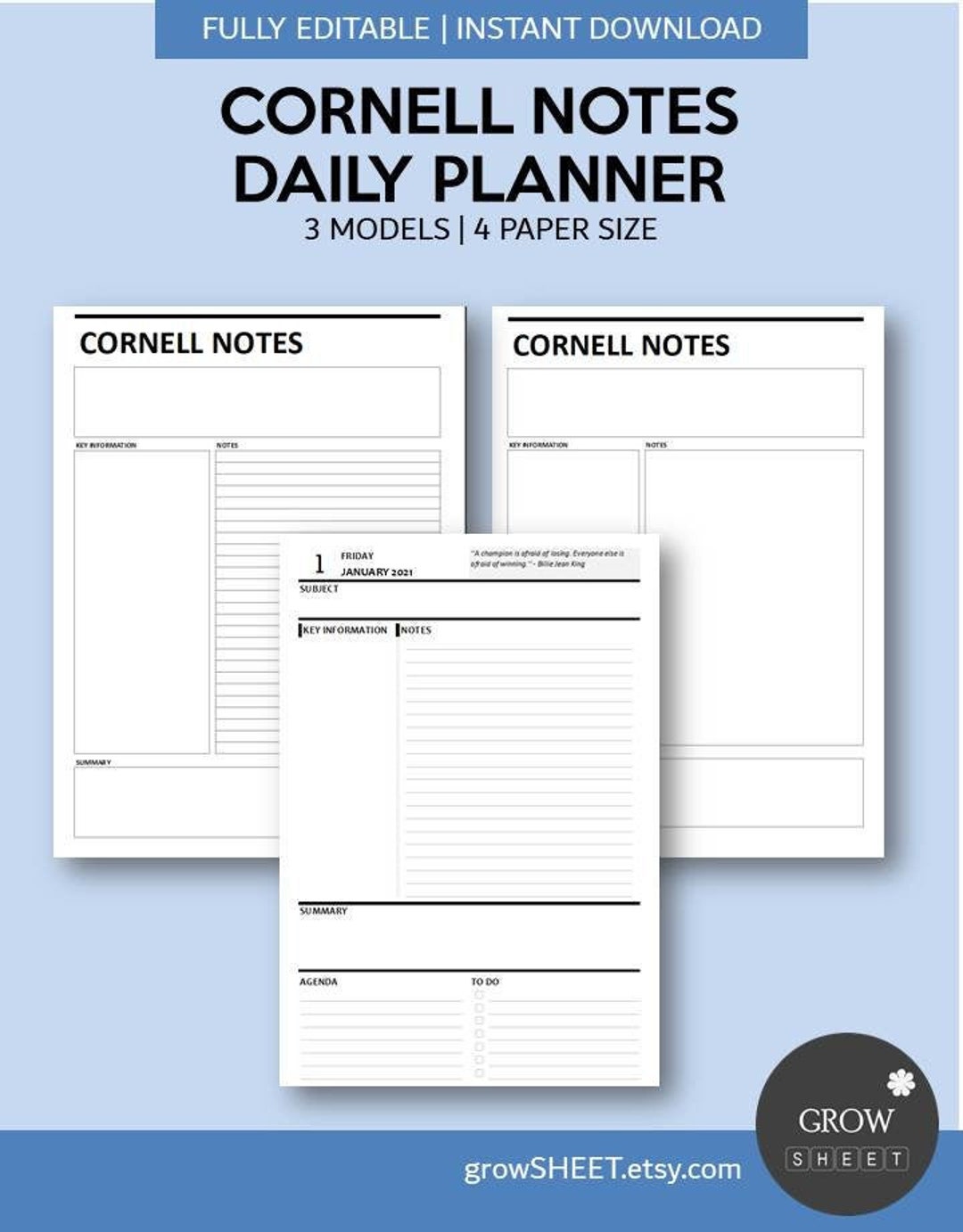 Daily Planner With Cornell Notes Templates | Cornell Notebook Insert ...