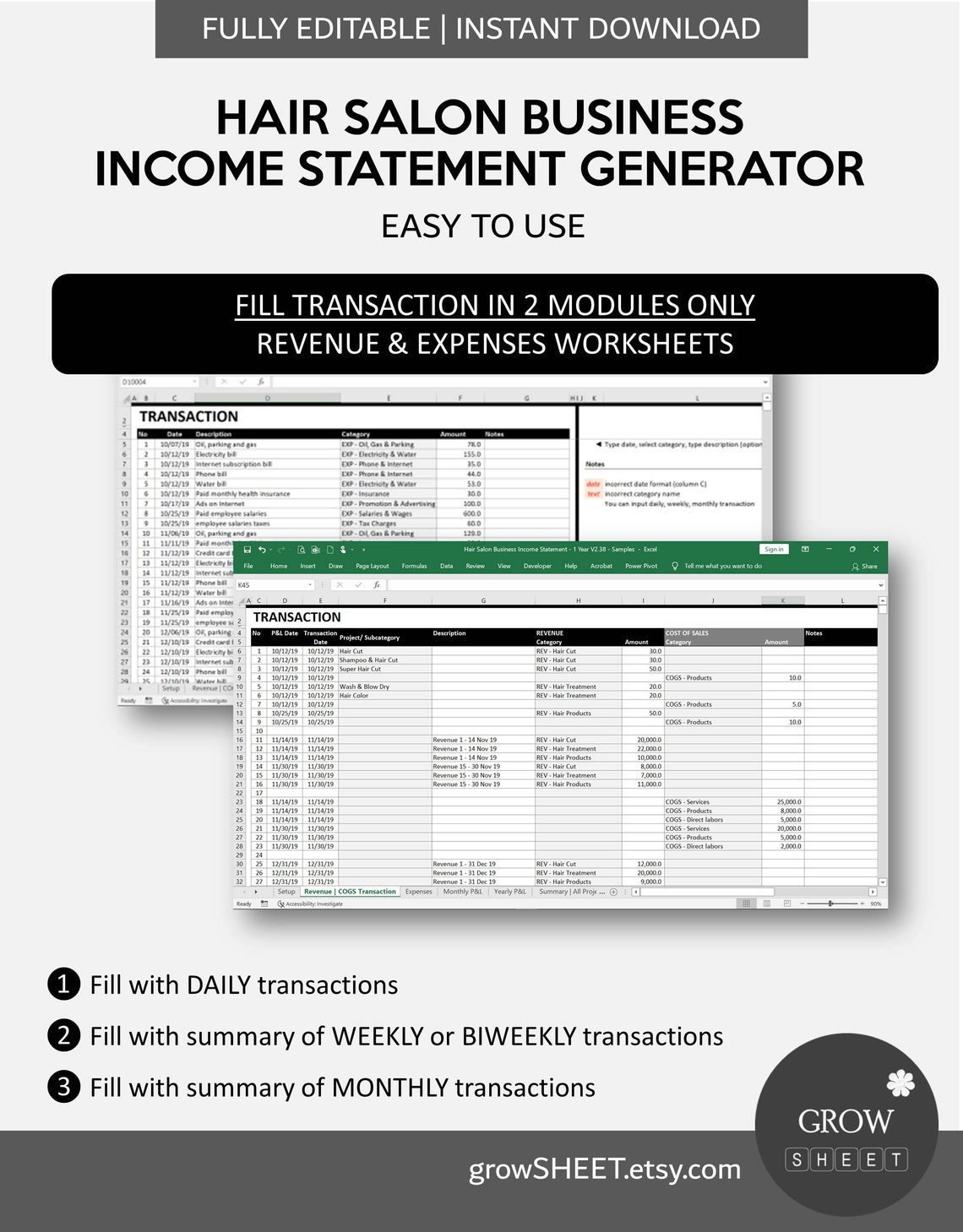 Hair Salon Business Income Statement Generator Salon Profit & Loss ...
