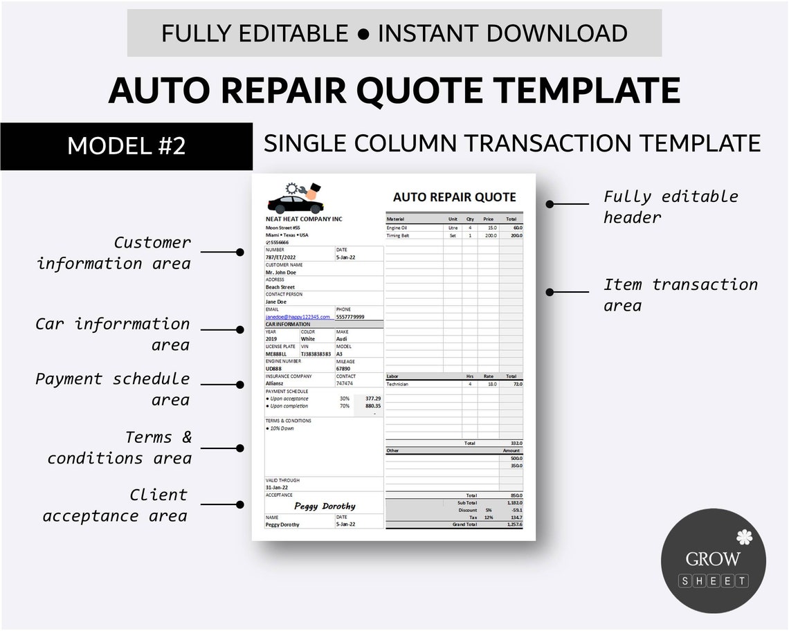 Printable Auto Repair Quote Template for Excel and Google Sheets ...