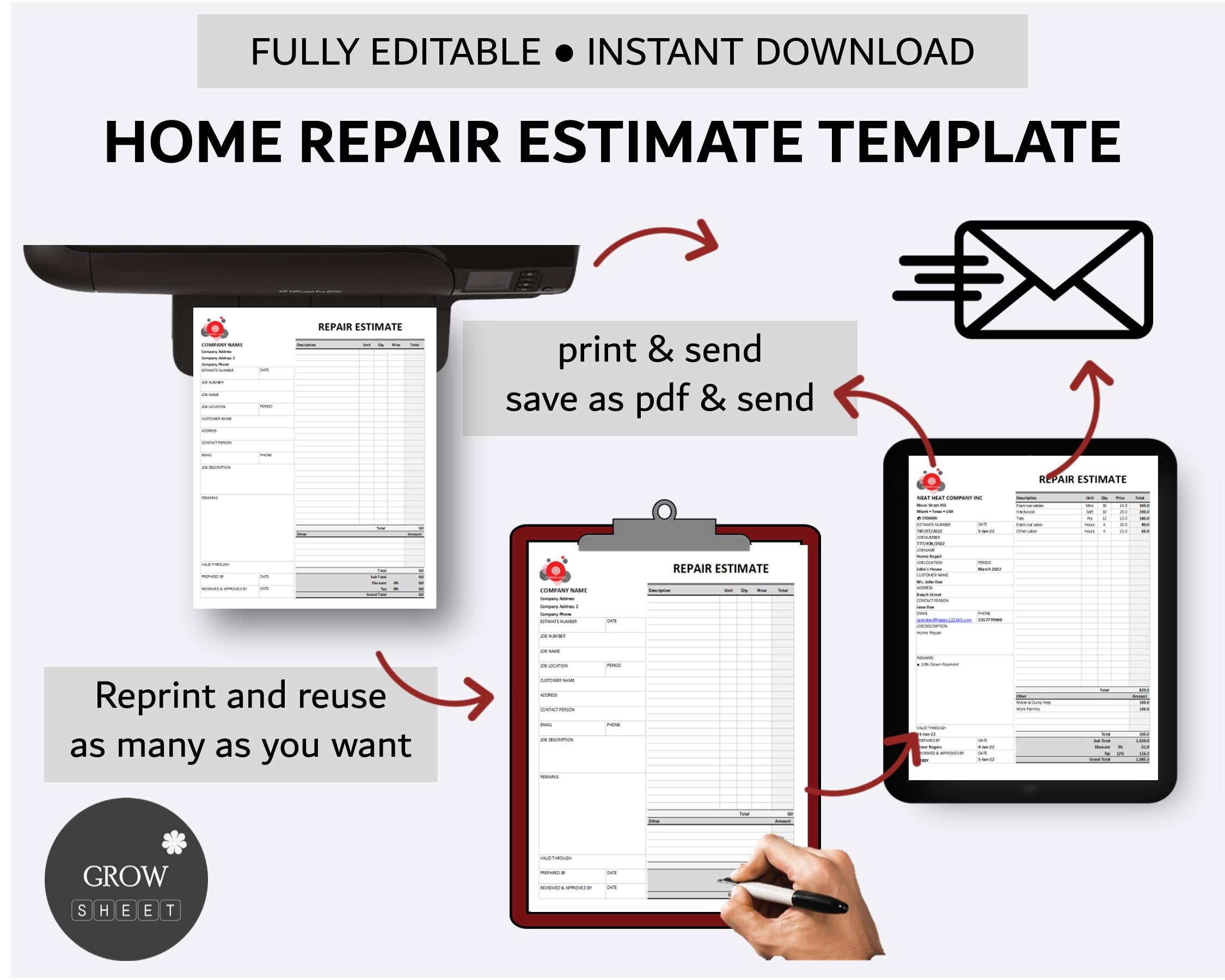 Home Repair Estimate Template | Job Estimate Form | Work Estimate ...