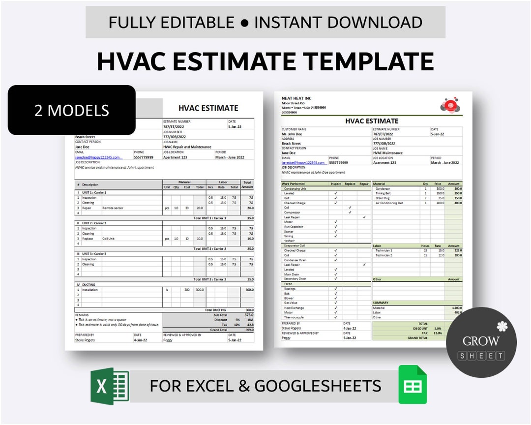 Printable HVAC Estimate Template | Job Estimate Template | Work ...