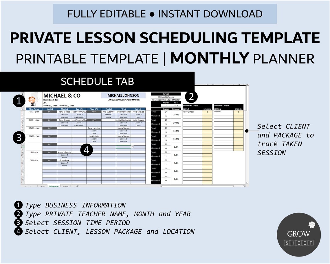 Private Lesson Scheduling Template for Excel and Google Sheets ...