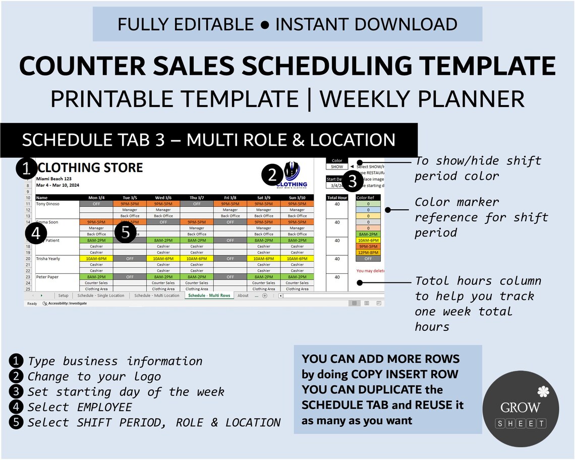 Sales Scheduling Template for Excel and Google Sheets | Multi Roles ...