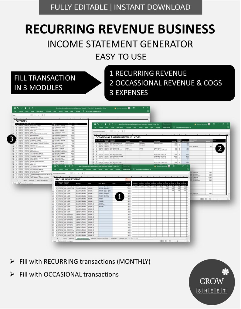Recurring Revenue Business Income Statement Generator | Weekly Payment ...