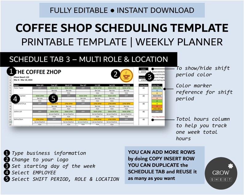 Coffee Shop Scheduling Template for Excel and Google Sheets | Multi ...