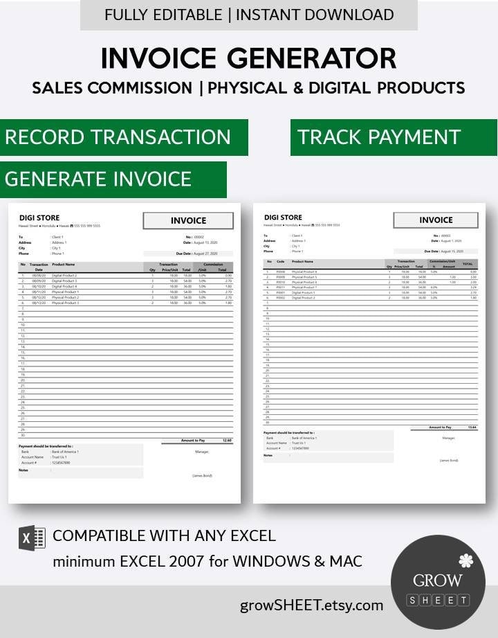 Sales Commission Invoice Generator Excel Invoice Creator for Commission ...