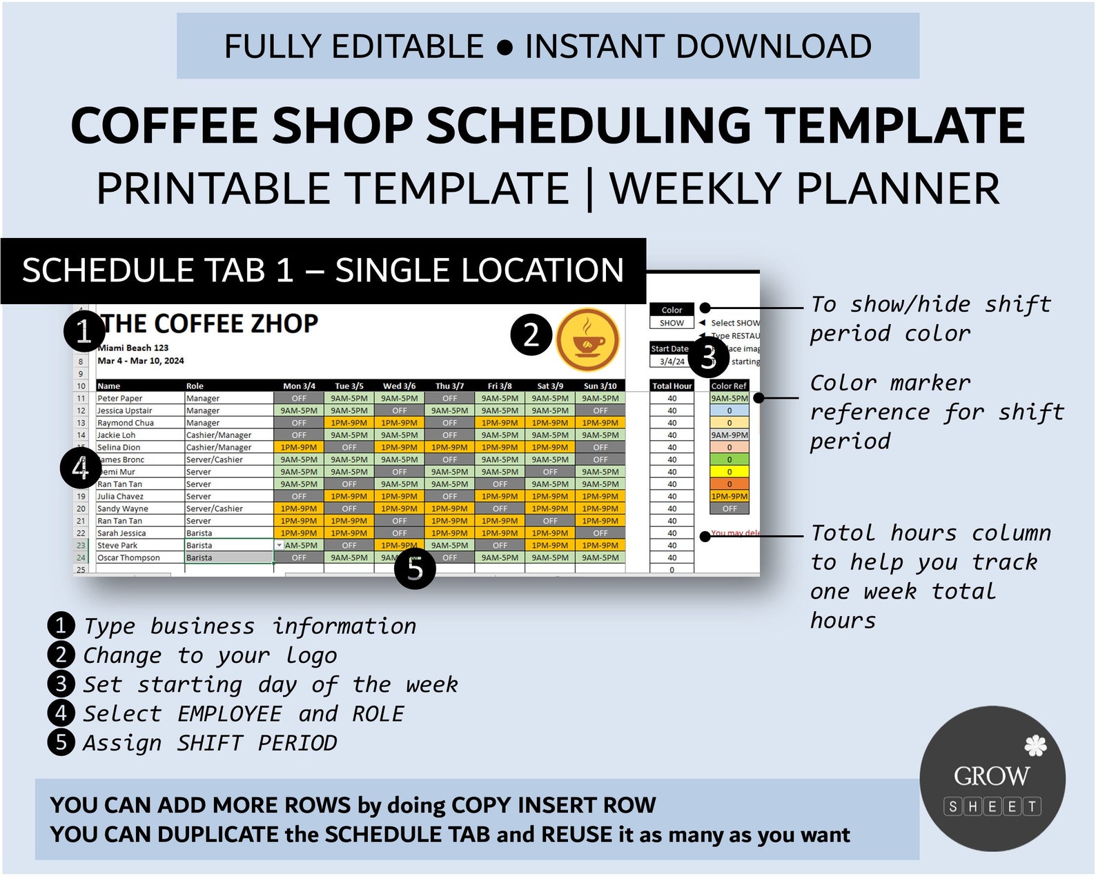 Coffee Shop Scheduling Template for Excel and Google Sheets | Multi ...