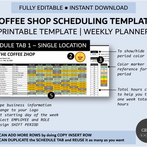 Coffee Shop Scheduling Template for Excel and Google Sheets | Multi ...