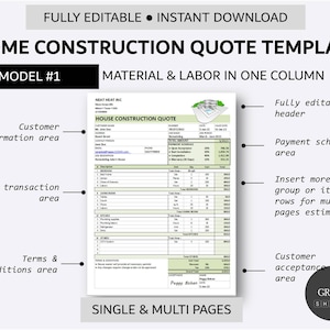 Printable House Construction Quote Template | Price Quotation Form for ...