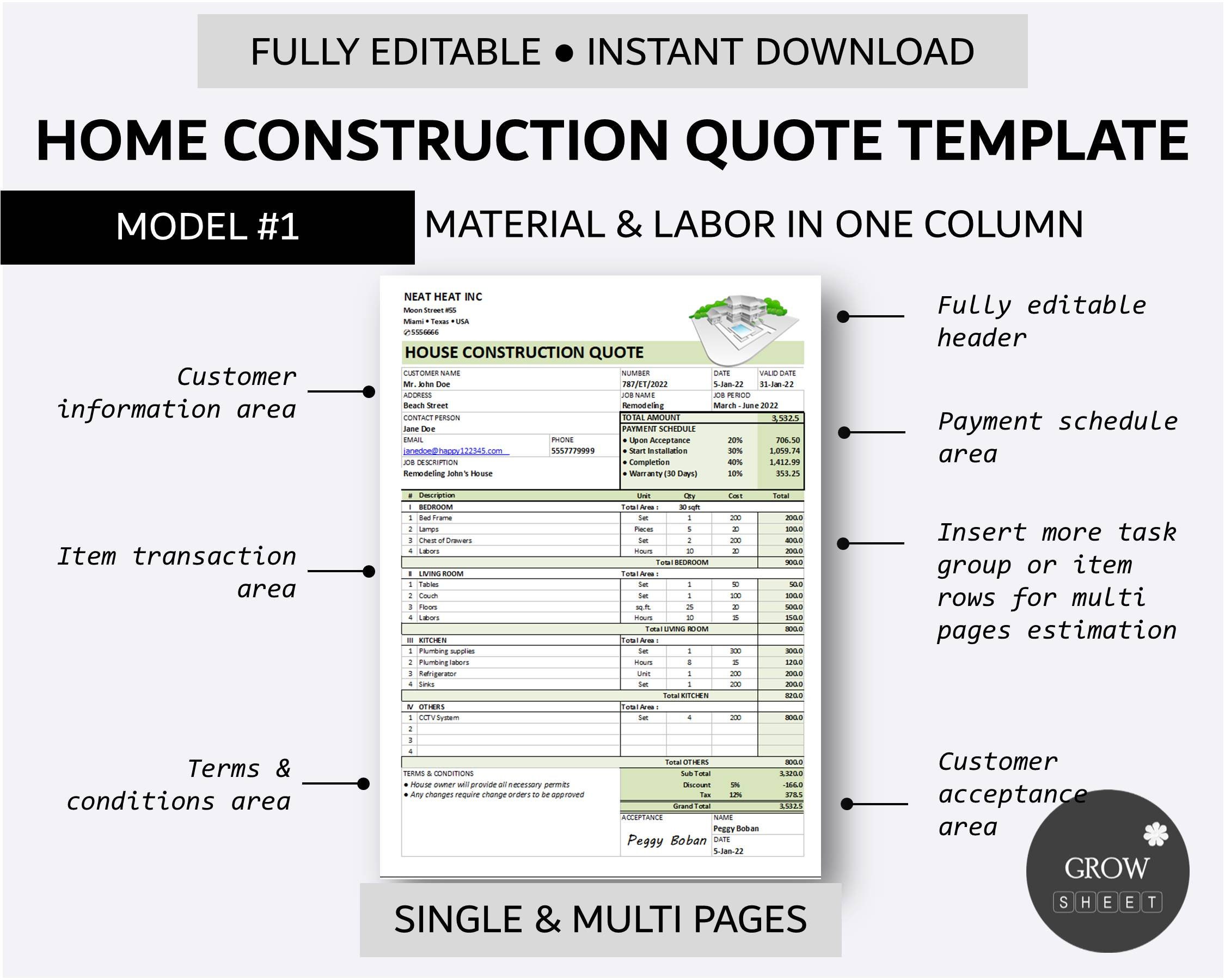 Printable House Construction Quote Template | Price Quotation Form for ...